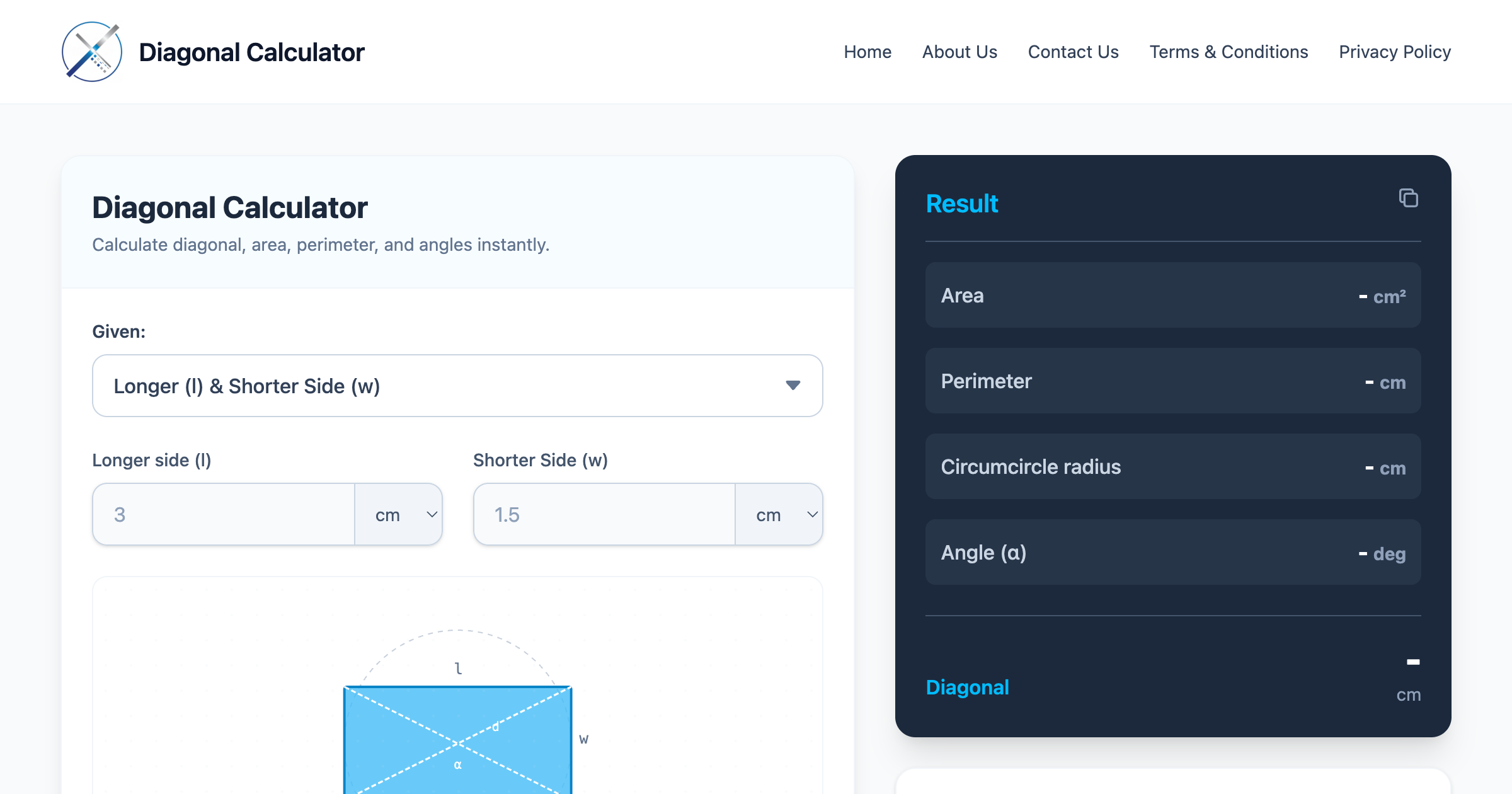 Diagonal Calculator — Calculate Rectangle Diagonal, Area & Perimeter